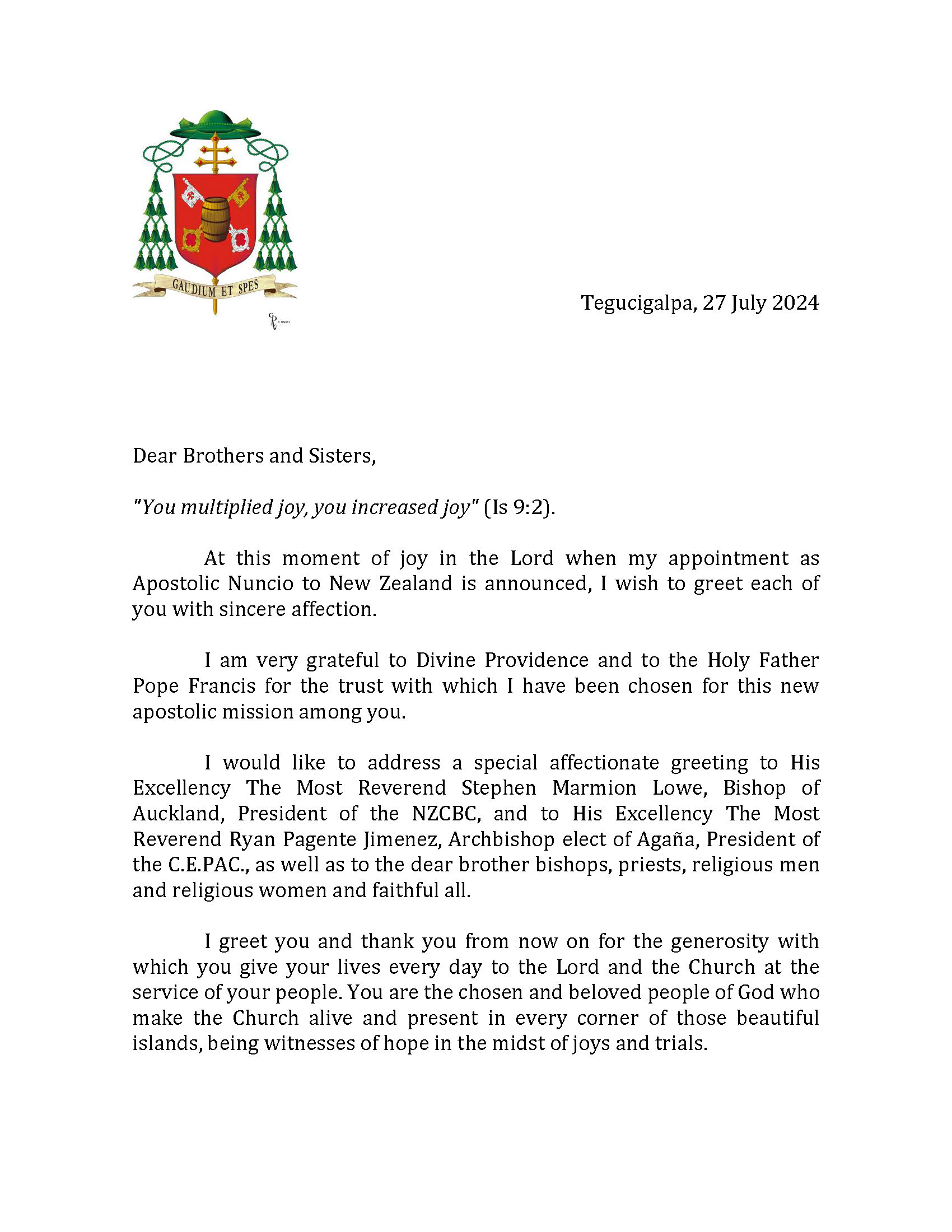 Message from the Apostolic Nuncio, His Excellency, Archbishop Gábor ...